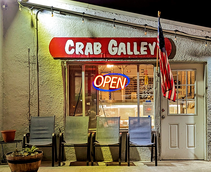 Even at night, The Crab Galley's glow beckons seafood lovers like a lighthouse guiding hungry sailors safely to shore.