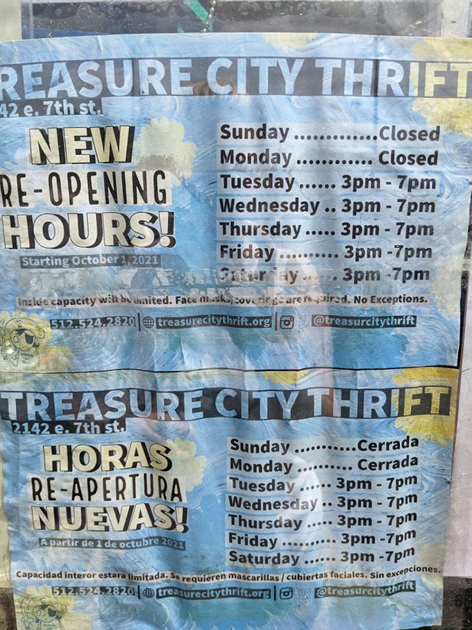 The bilingual hours sign reflects Austin's diverse community, with the store open Tuesday through Saturday, 3-7pm—prime treasure hunting time.