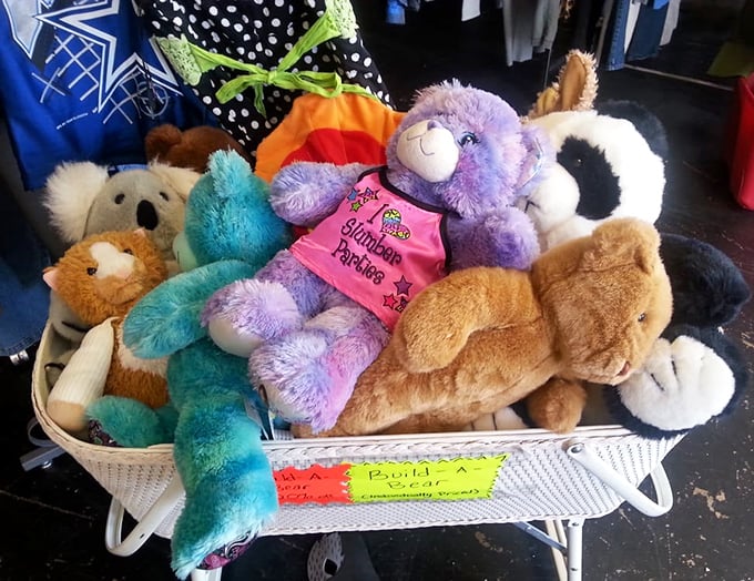 A basket of plush companions seeking forever homes. That purple bear in the "Glamour Paradise" shirt has clearly seen some things.