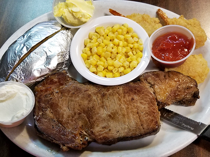Steak and seafood on the same plate: the surf and turf combo that lets you feel fancy while still wearing your comfortable shoes.