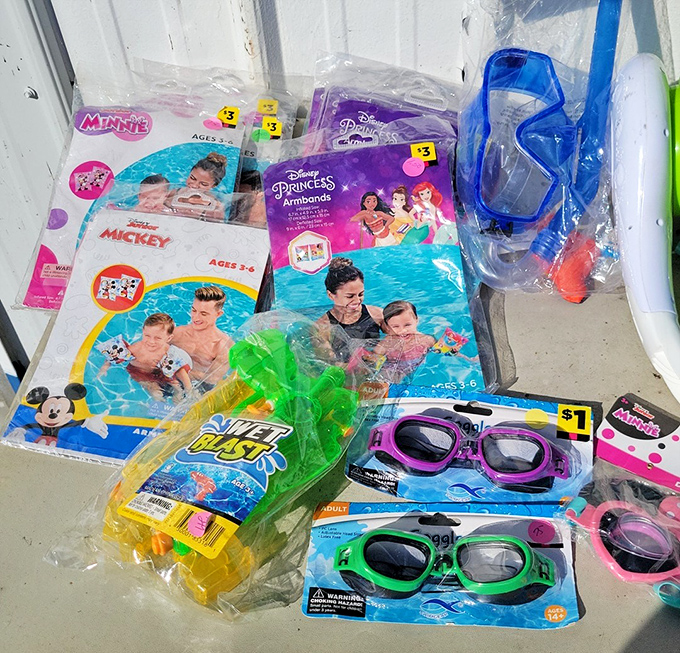 Summer fun on standby! Pool floaties and goggles patiently waiting for the next heat wave to fulfill their aquatic destiny.