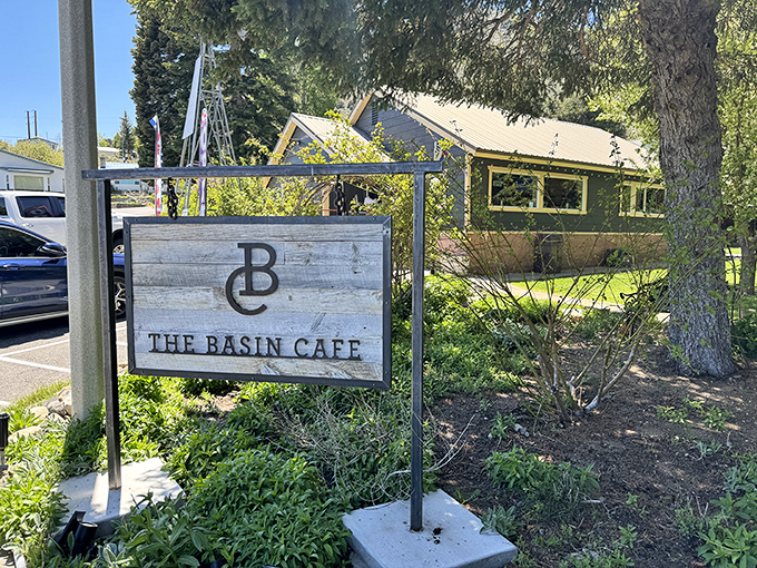 The Basin Cafe's understated sign gives no hint that you're about to enjoy comfort food with a side of Sierra Nevada majesty.