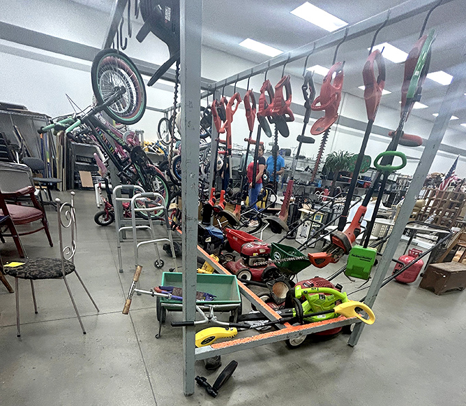 Garden tools and outdoor equipment stand ready for adoption, their slightly worn handles telling tales of gardens tamed and lawns conquered in previous lives.