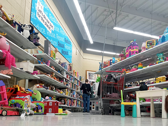 The toy section: where childhood memories are recycled and plastic dinosaurs await their next adventure with a new imaginative owner.