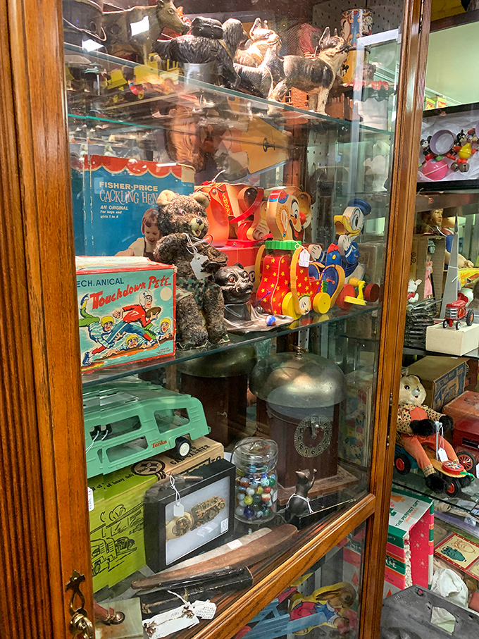 Childhood nostalgia trapped in glass &ndash; vintage toys and Fisher-Price favorites that have grandparents pointing and saying, "I had that!"
