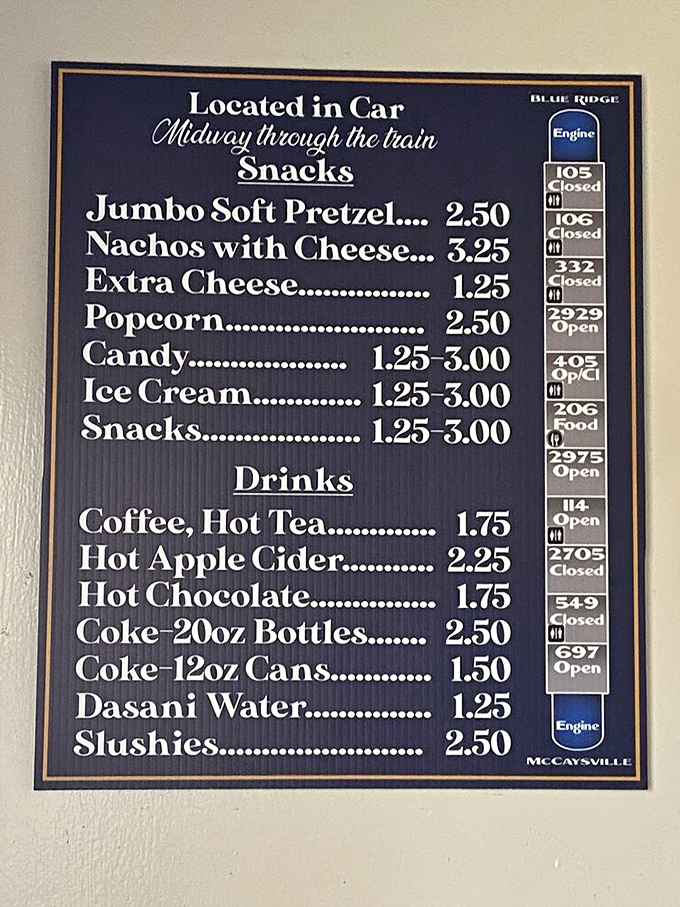 The onboard menu offers simple pleasures at reasonable prices. Nothing builds an appetite quite like mountain air and scenic views!