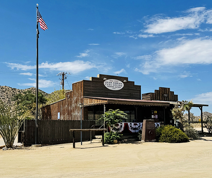 The Post Office flies Old Glory proudly, delivering mail and Western authenticity in equal measure since the Truman administration.