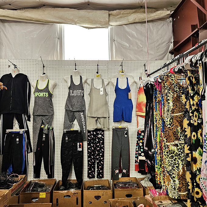 Athleisure meets bargain hunting in this clothing corner where workout wear hangs hopefully, waiting for its second chance at breaking a sweat.