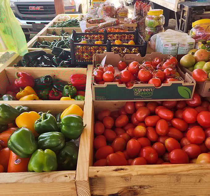 Nature's color palette on display—peppers and tomatoes arranged in wooden crates bring farm-fresh possibilities to weekend shoppers.
