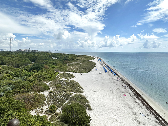 From the lighthouse gallery, Miami's skyline looks like a distant civilization, while the beach below resembles a postcard you'd send to make friends jealous.