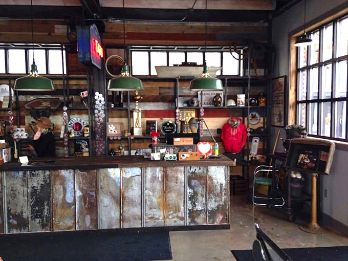 The shop's counter, weathered to perfection, serves as both functional workspace and time-worn sculpture&mdash;industrial design that's earned its patina honestly.