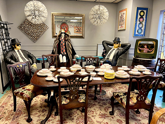 The Blues Brothers meet fine dining in this surreal tableau. Sunglasses indoors never looked so cool &ndash; or so eerily watchful over dinner.