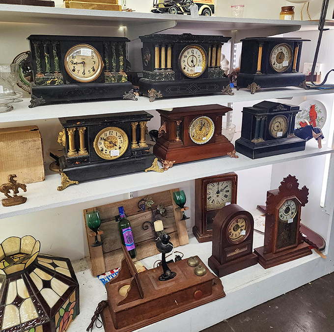 Time literally stands still in this collection of vintage clocks, each face telling a different story from a different era.