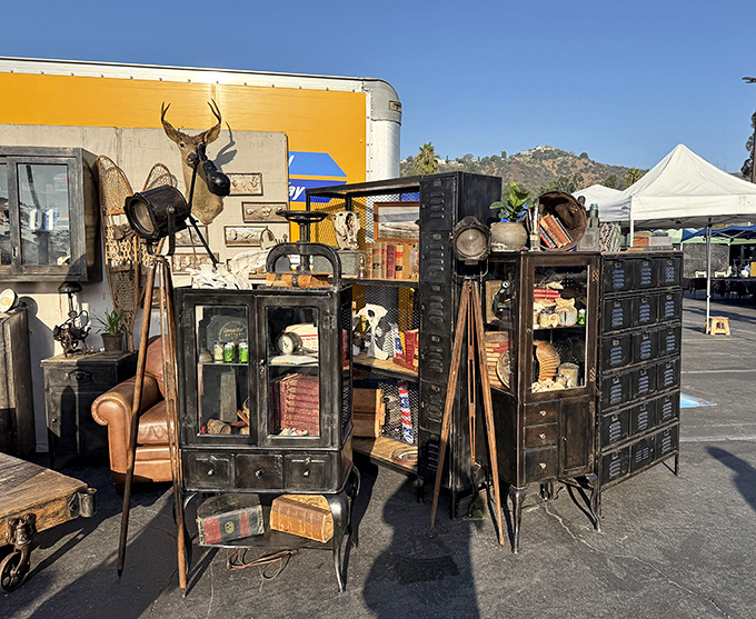 The vintage furniture hunter's jackpot&mdash;industrial cabinets, weathered leather, and a mounted deer head that's seen things you wouldn't believe.