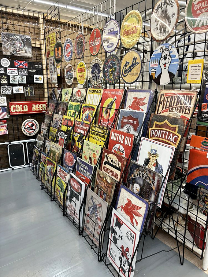 Nostalgia on metal! These vintage signs transport you back to a time when gas was cheap and advertising was an art form.