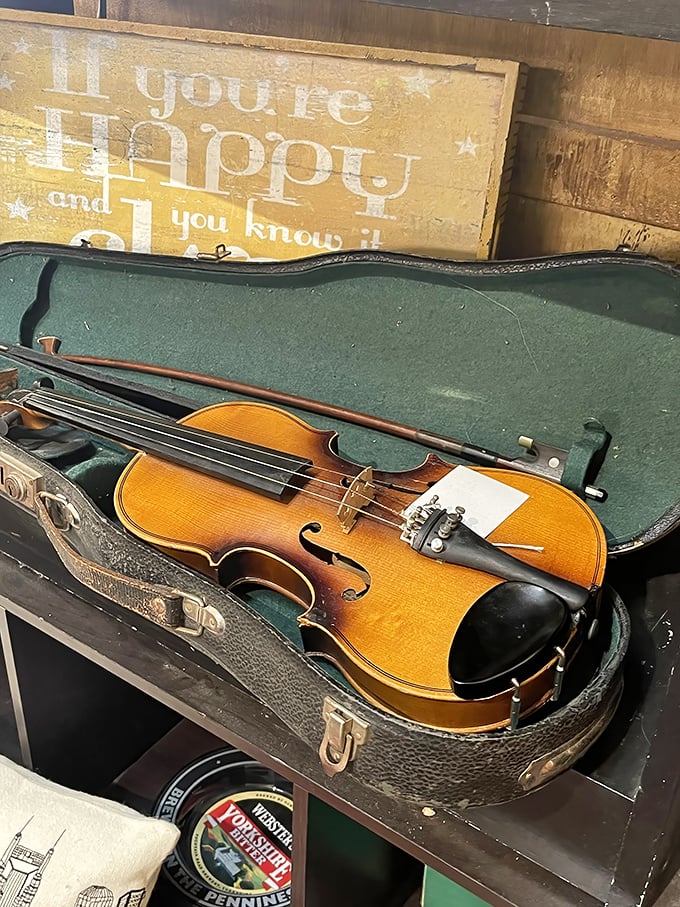 A violin rests in its case beneath a cheerful sign &ndash; both waiting for someone to make them sing again.