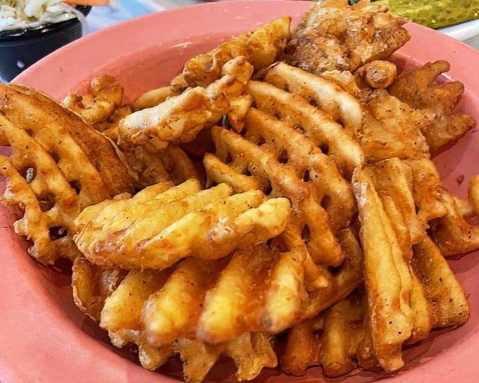Waffle fries that have clearly been to geometry class. The extra surface area is just more room for flavor to move in.