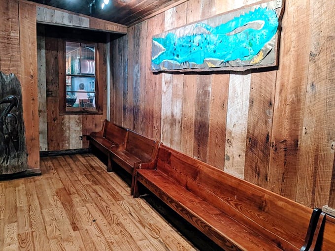 The waiting area's wooden benches and blue fish art &ndash; where anticipation builds and you'll swear you can already taste the seafood.
