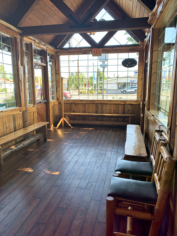 The waiting area feels like a forest lodge's front porch, where anticipation of pancakes makes even waiting a pleasure.