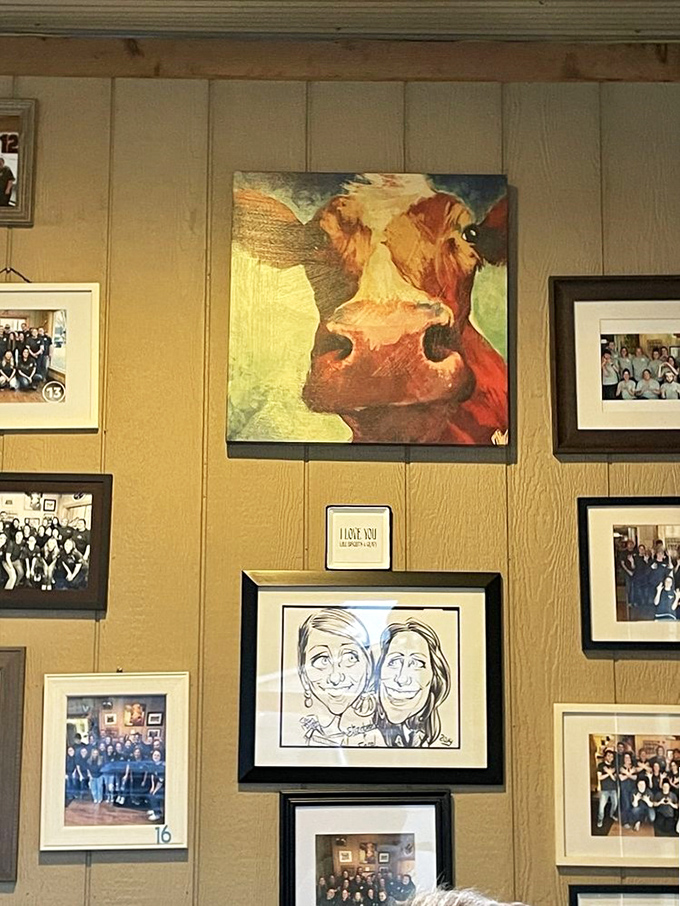 Wall art featuring a contemplative cow watches over diners, a fitting guardian for a place that takes breakfast seriously but itself lightly.