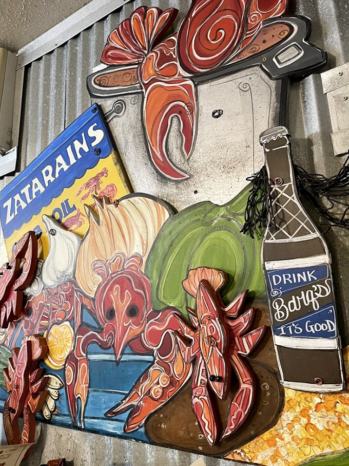 Wall art that tells you everything you need to know: crawfish rule this kingdom, and "Drink Barq's, It's Good" is solid life advice.