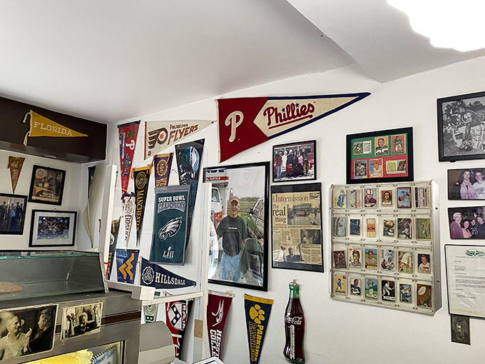 The walls serve as a community scrapbook&mdash;sports pennants, local memorabilia, and photographs chronicle decades of Goshen history and American pastimes.