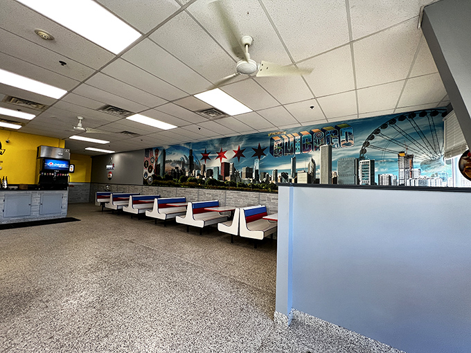 Chicago's skyline mural watches over diners like a proud parent, reminding you that good food in Illinois doesn't require a downtown address or valet parking.