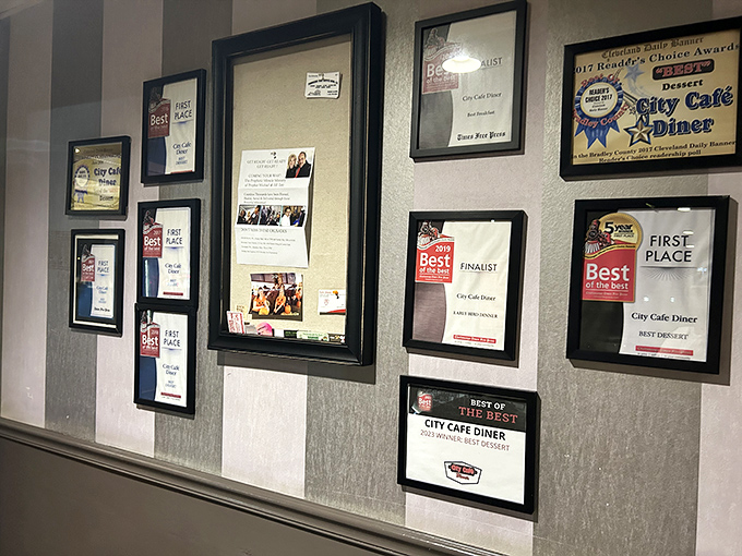 Awards covering the wall tell the story that locals already know: this isn't just another roadside diner—it's an institution with the trophies to prove it.
