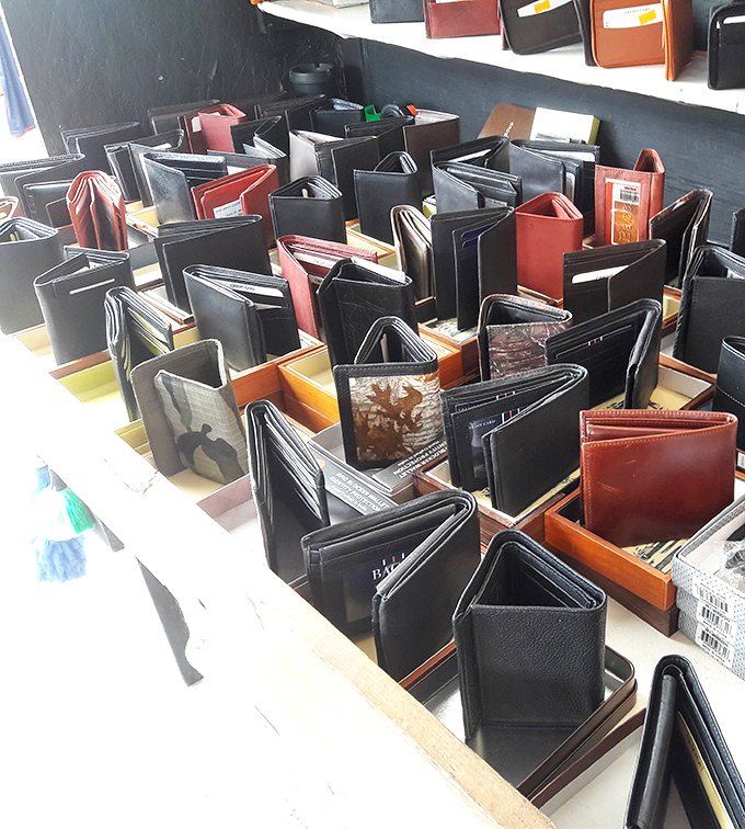 Wallet wonderland where leather goods stand at attention, ready to house your cash, cards, and the inevitable collection of flea market receipts.