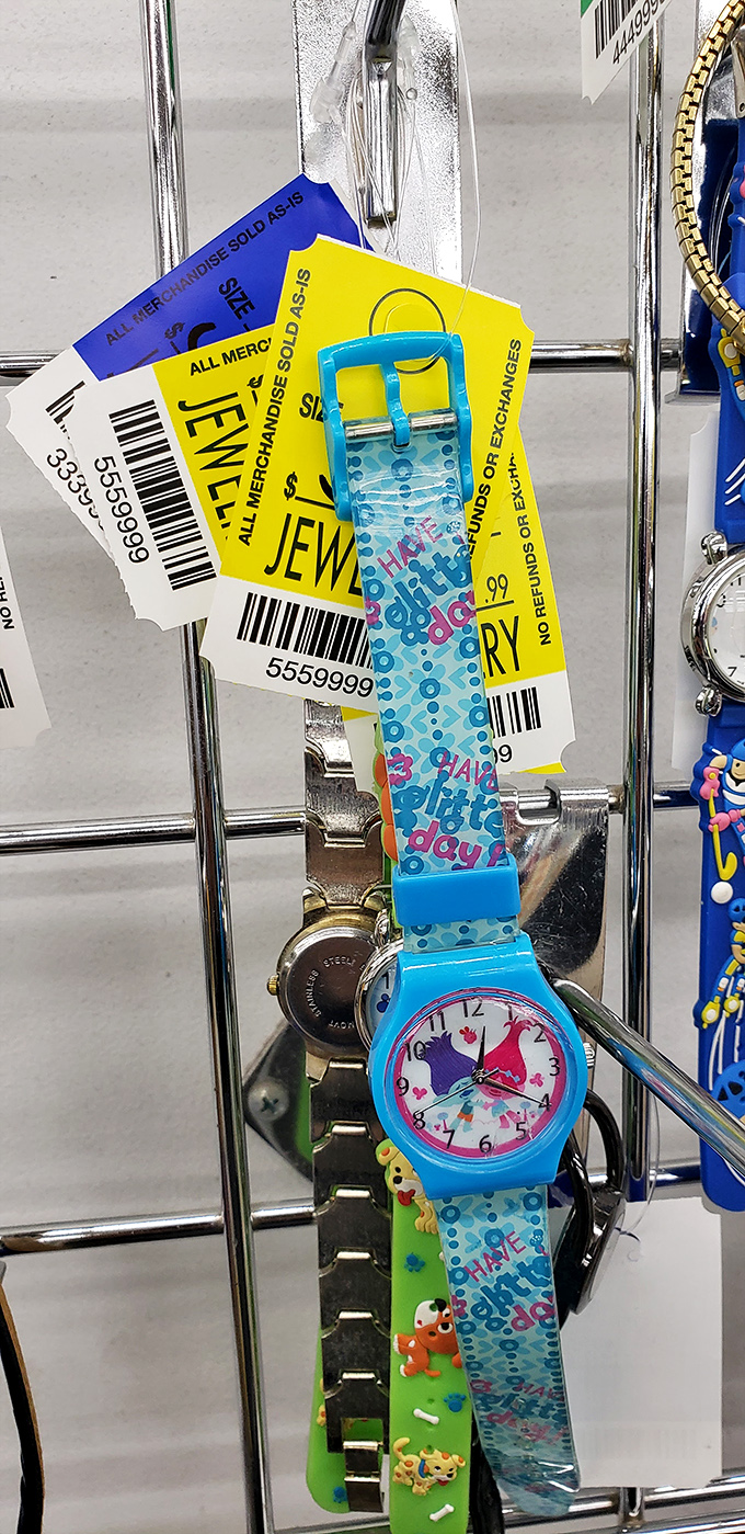 Time literally stands still in the jewelry section, where watches wait patiently to adorn new wrists.