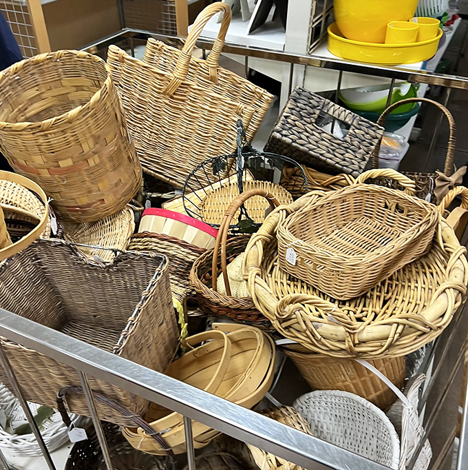Wicker baskets weave together functionality and charm in a display that Martha Stewart would applaud.