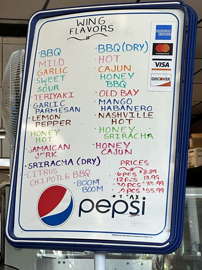 Wing flavor options that read like a spicy poetry slam. From mild garlic to "BOOM BOOM," there's a heat level for every adventure seeker.