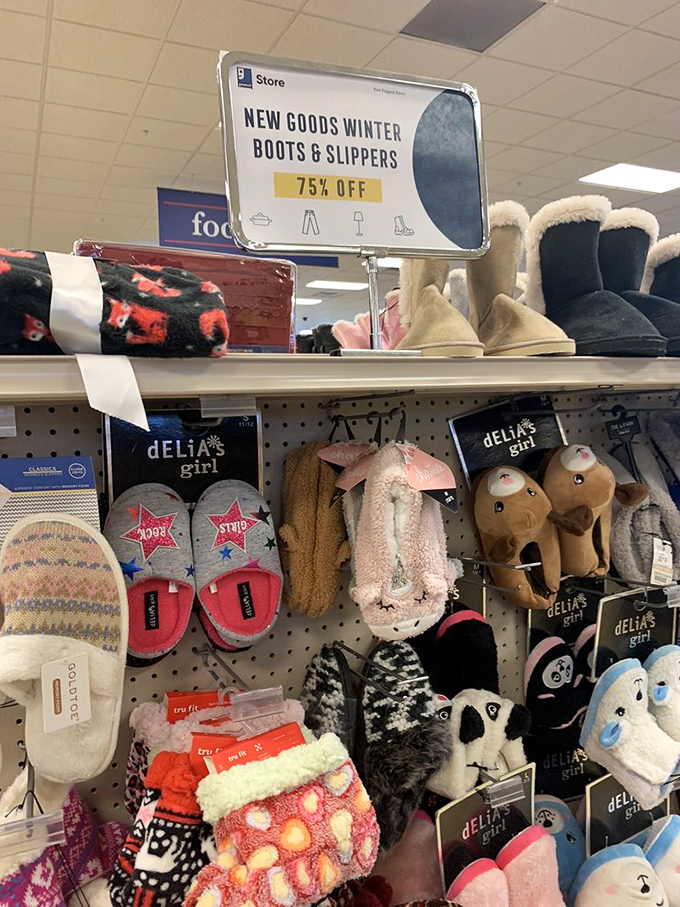 Cozy slippers and fuzzy boots at 75% off retail—because your feet deserve luxury even when your wallet demands frugality.