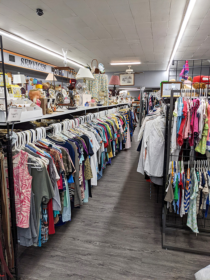 Clothing racks stretch into the distance like a textile rainbow, promising style without the department store sticker shock.