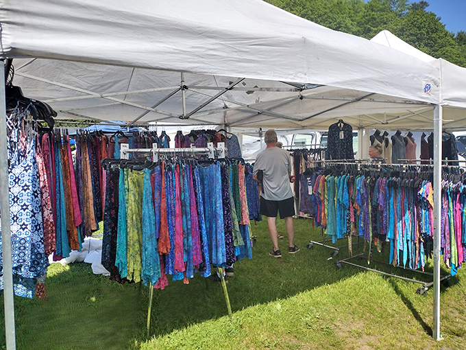 Tie-dye clothing hangs in psychedelic glory, proving the sixties never really ended in parts of rural New England communities.