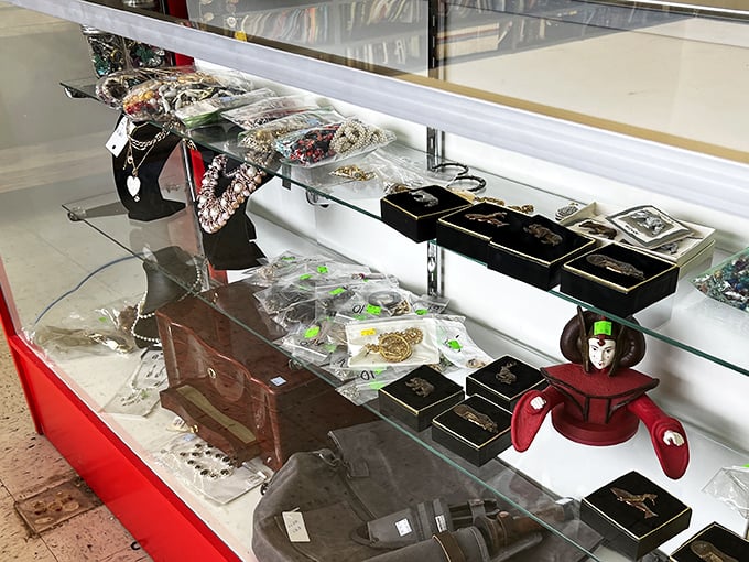 The jewelry counter sparkles with possibility&mdash;costume pieces alongside the occasional hidden gem that makes thrift store legends come true.