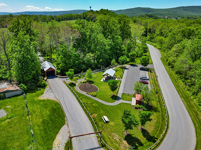 From above, the bridge settles into its landscape like it grew there naturally, surrounded by Maryland's beautiful countryside.