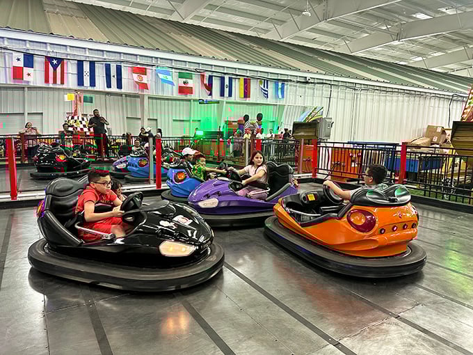 The bumper car arena buzzes with gleeful shrieks, proving that some joys&mdash;like deliberately crashing into strangers&mdash;never get old.