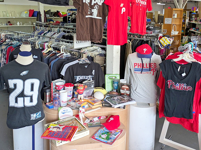 Philly sports fan paradise! Eagles and Phillies gear waiting for their next chance to witness victory or heartbreak&mdash;the true Philadelphia experience.