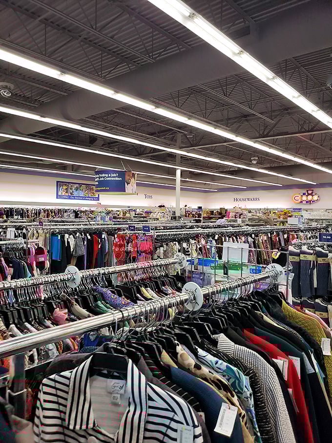 The clothing section stretches toward the horizon, where fashion trends of yesterday become the vintage finds of tomorrow for savvy shoppers.