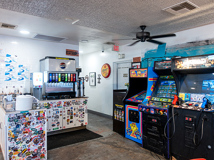 Even the arcade area says "stay awhile" &ndash; because nothing complements post-barbecue bliss like the nostalgic beeps and boops of classic games.