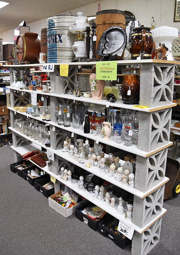 From Precious Moments figurines to vintage glassware, these shelves offer a perfectly organized trip through America's decorative past.
