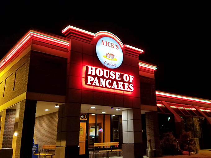 Even at night, Nick's glows like a breakfast lighthouse, beckoning early risers to dream of tomorrow's pancakes.