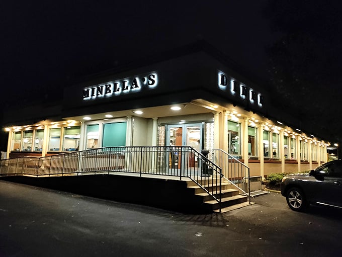 At night, Minella's glows like a lighthouse guiding hungry souls through the darkness toward pancakes, omelets, and bottomless coffee.