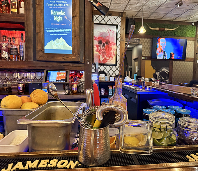 Fresh citrus and cocktail tools standing at attention&mdash;the mise en place of mixology magic about to happen at Cowbell's bar.