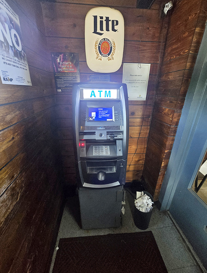 Even the ATM looks like it belongs on a fishing boat. Cash only means more money goes toward seafood excellence, less toward processing fees.