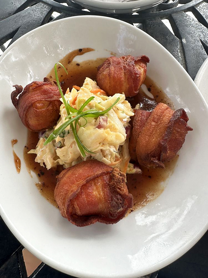 Bacon-wrapped scallops with potato salad &ndash; a dish that proves everything really is better with bacon, especially sweet, tender scallops.