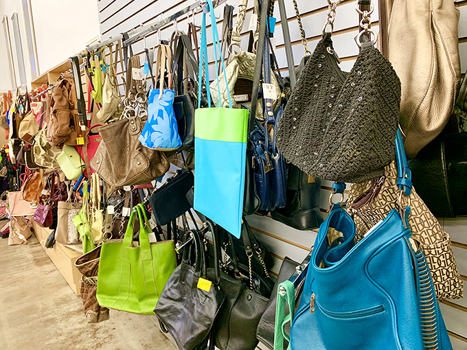 Handbag heaven! Designer lookalikes and genuine finds dangle temptingly, promising to be your next favorite accessory at a fraction of retail.
