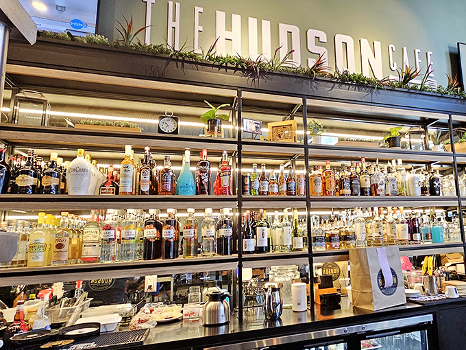 The impressive bar display suggests that brunch cocktails are taken as seriously as the legendary waffles.