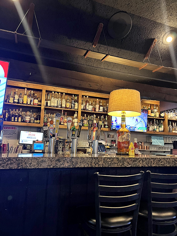 A well-stocked bar ready to provide the perfect Manhattan or whiskey neat to complement your carnivorous adventure. Liquid courage for big appetite decisions.